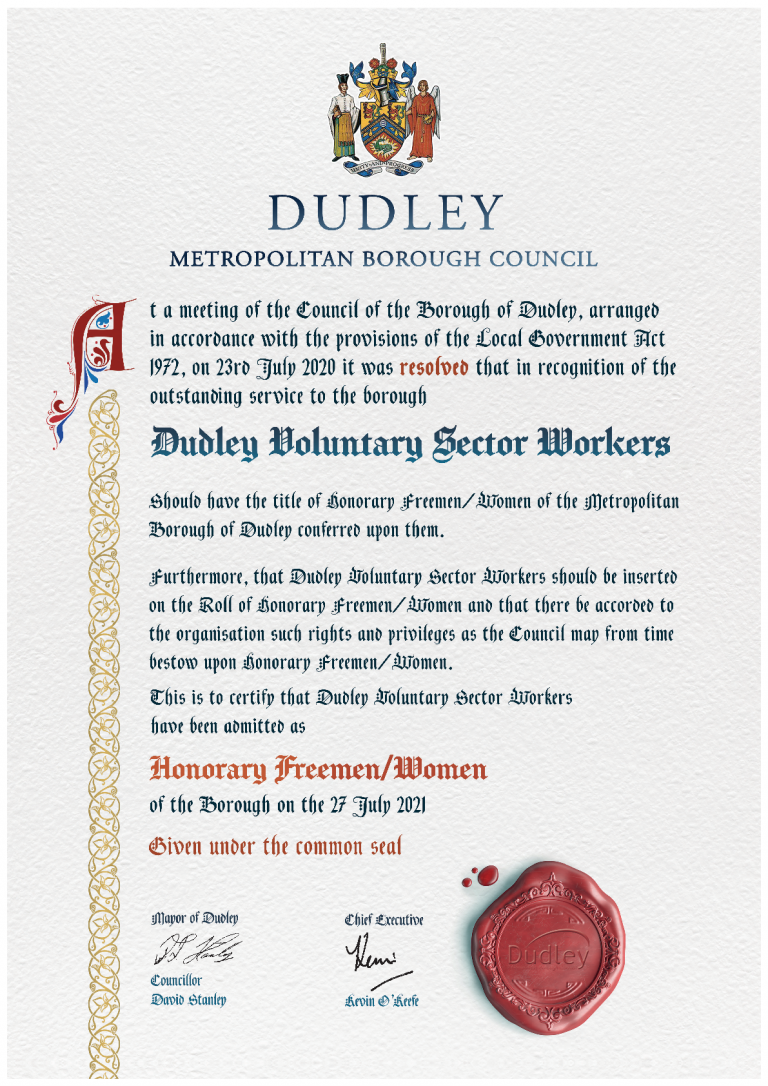 Freedom of the Borough certificate now available - Dudley CVS